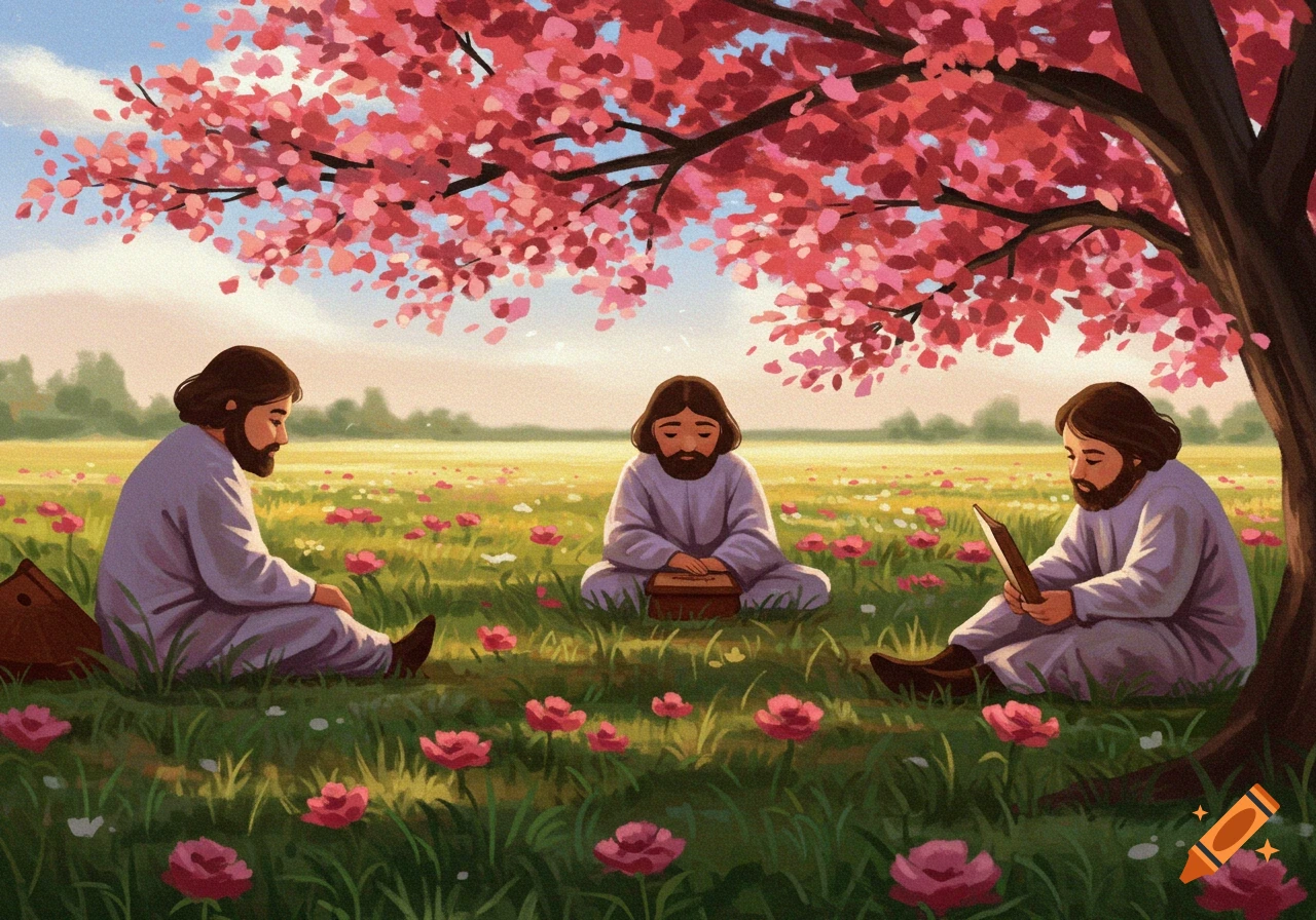 Three robed figures sit in a field of pink flowers under a tree with ...