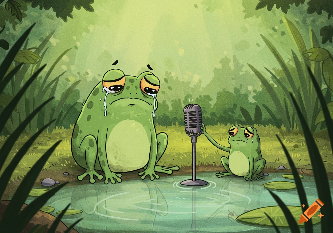 A large cartoon frog cries into a microphone held by a smaller frog by ...