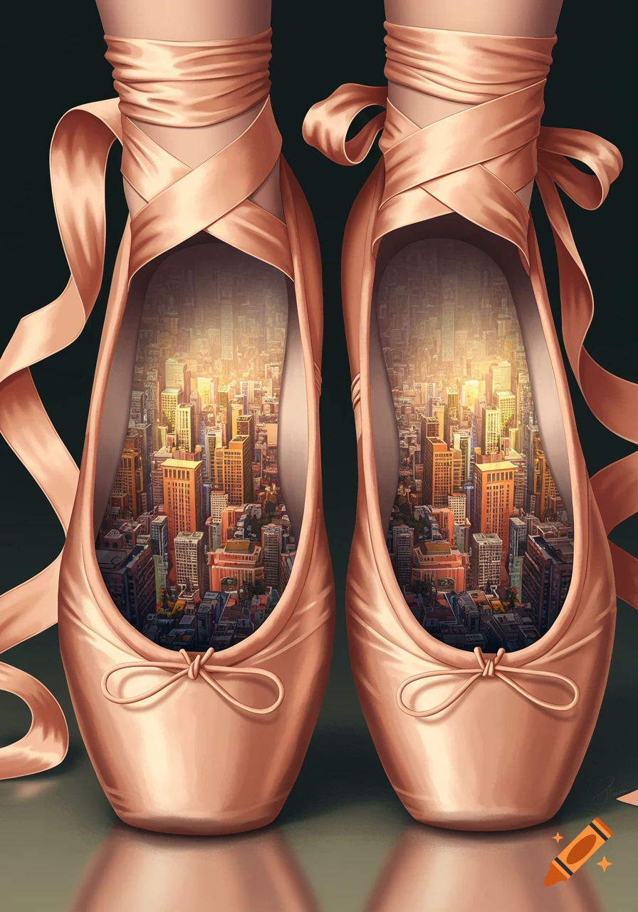 Ballet pointe shoes with a city landscape depicted inside the soles ...