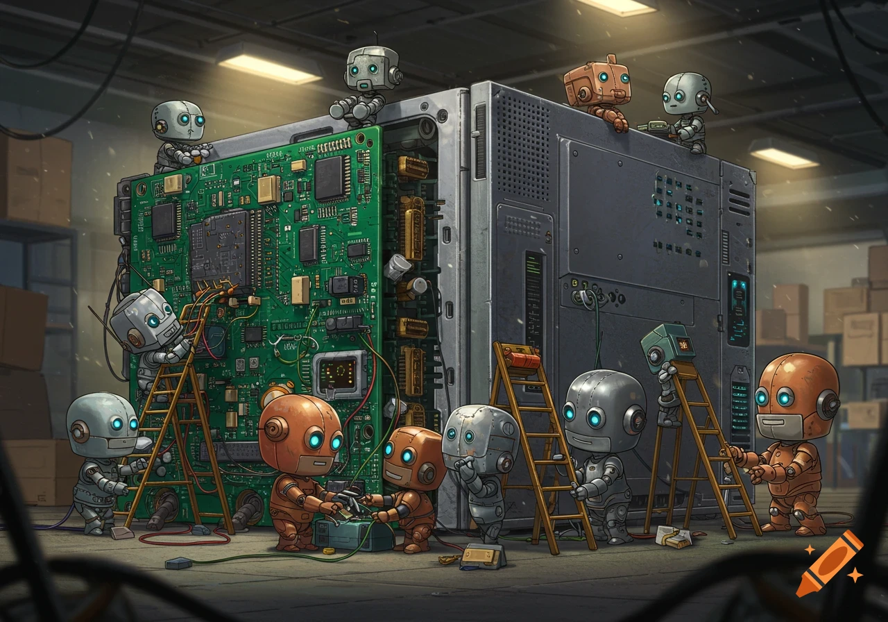 Tiny robots repair a giant computer circuit board. on Craiyon
