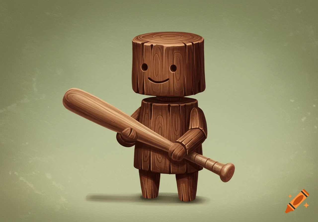 A wooden cartoon character shaped like logs holds a baseball bat. on ...