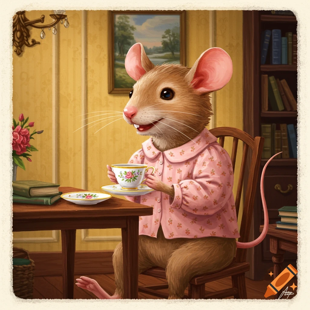 An anthropomorphic mouse in a pink blouse drinks tea at a table. on Craiyon
