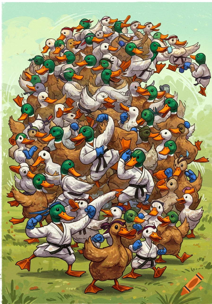 A large group of cartoon ducks performing karate moves. on Craiyon
