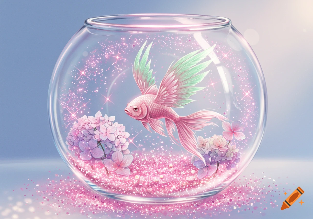 A pink winged fish in a sparkly fishbowl with pink flowers. on Craiyon