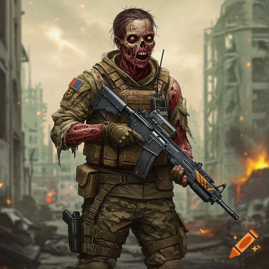 A zombie soldier in military gear holds a rifle in a ruined city. on ...