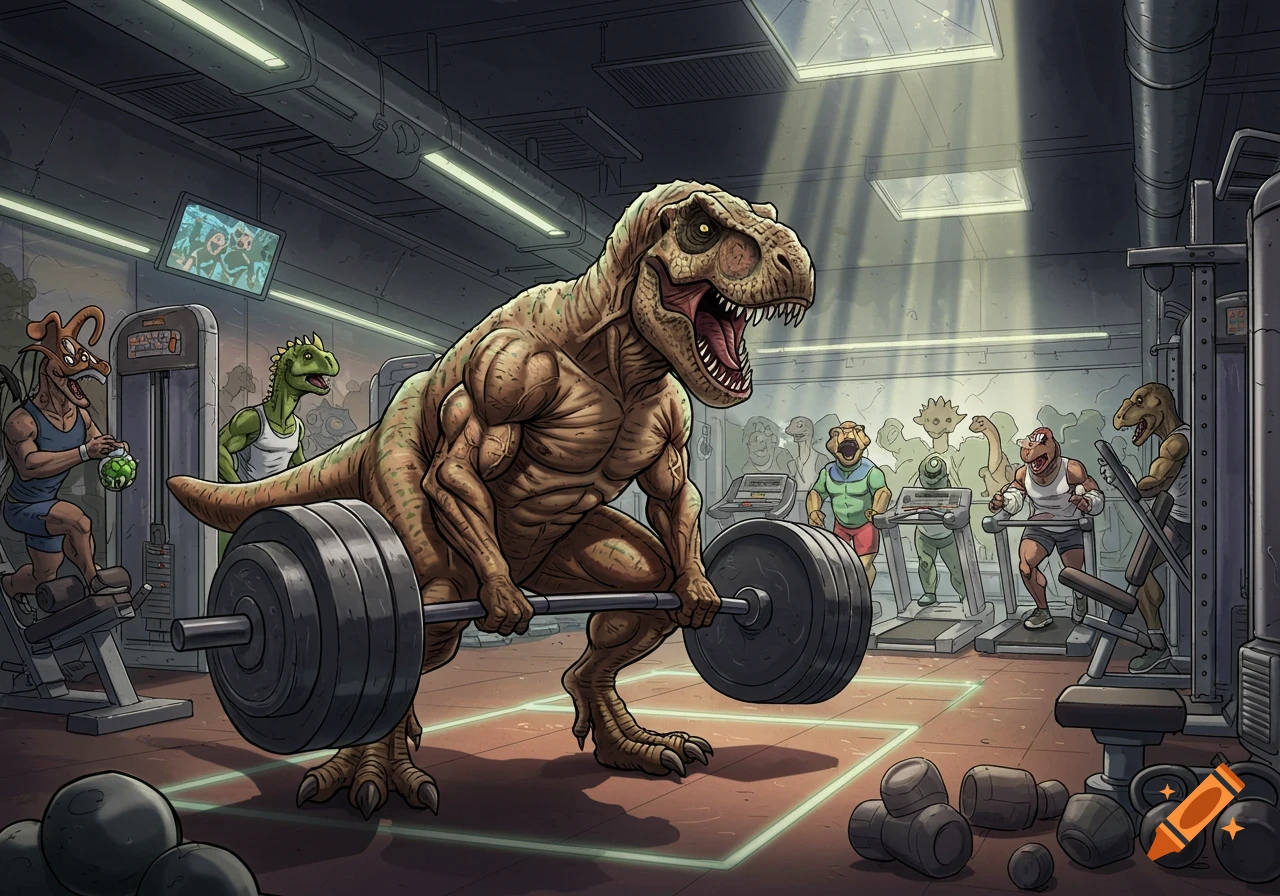 Muscular T-Rex lifting weights in a gym with other dinosaurs exercising in an illustration style ...