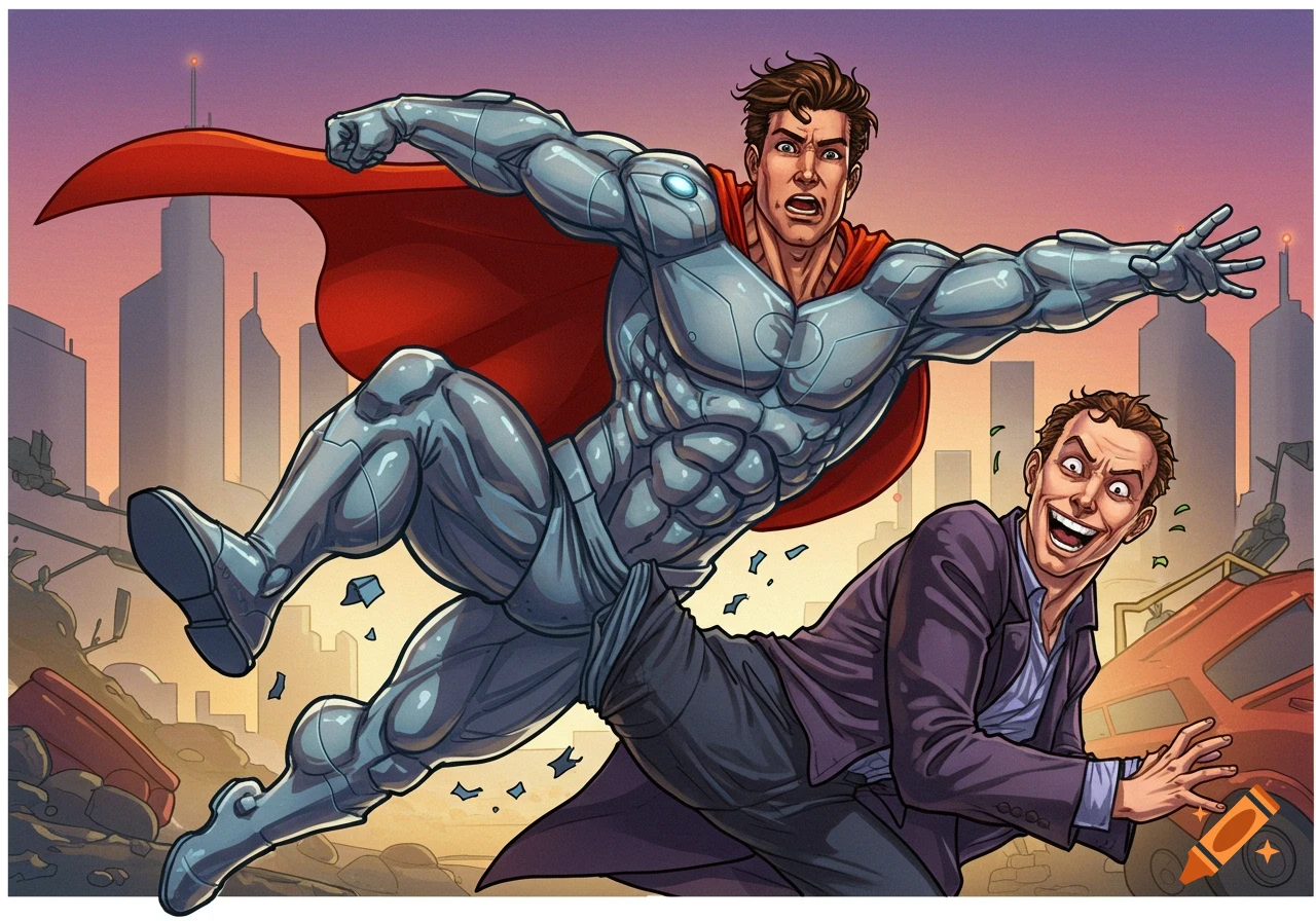 Comic art of a superhero in a silver suit and red cape giving a villain ...