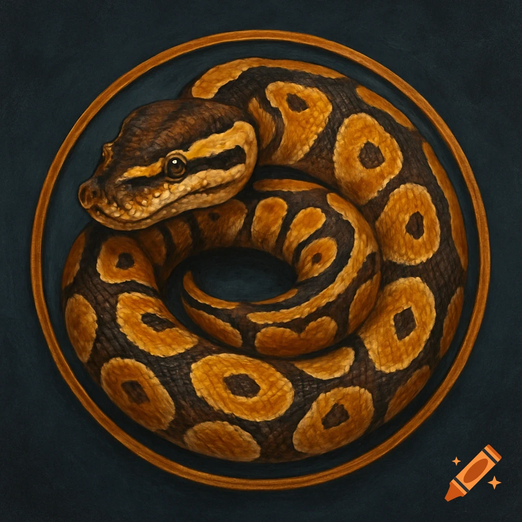 Illustration of a coiled ball python in a circular frame. on Craiyon