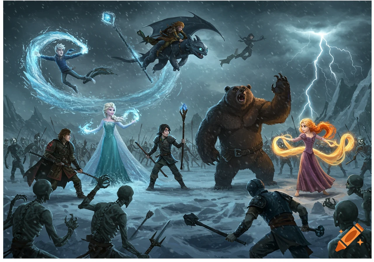 Illustrated fantasy battle with characters Jack Frost, Elsa, Rapunzel ...