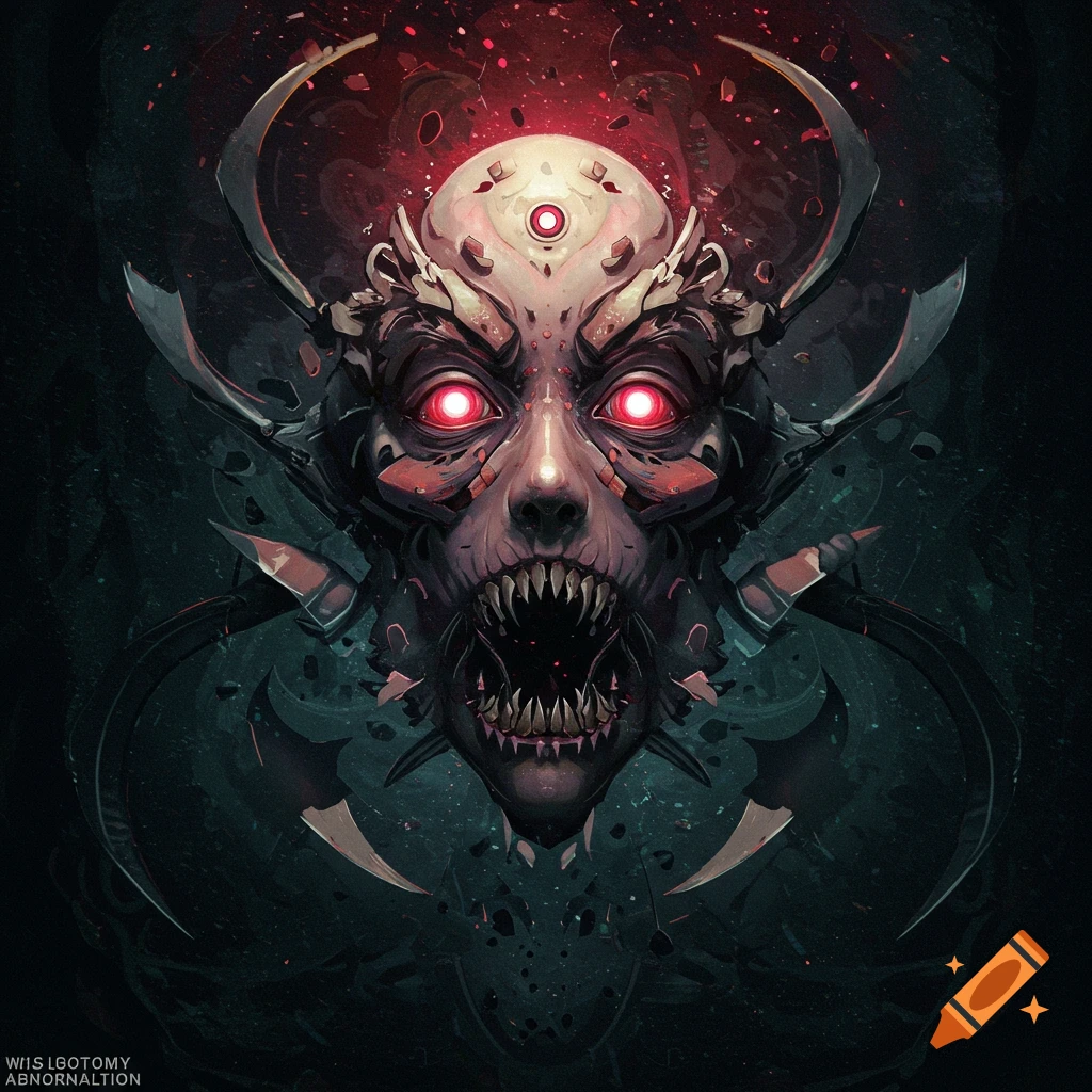 A monstrous creature face with glowing red eyes and sharp teeth in a dark, stylized horror art ...