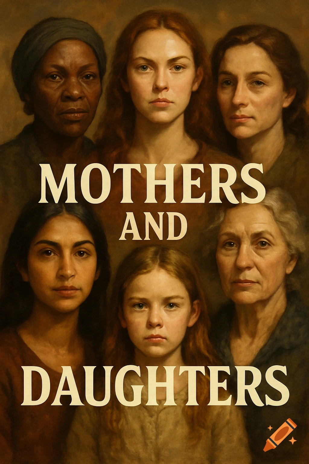 A group portrait painting of six women and a girl with the text ...