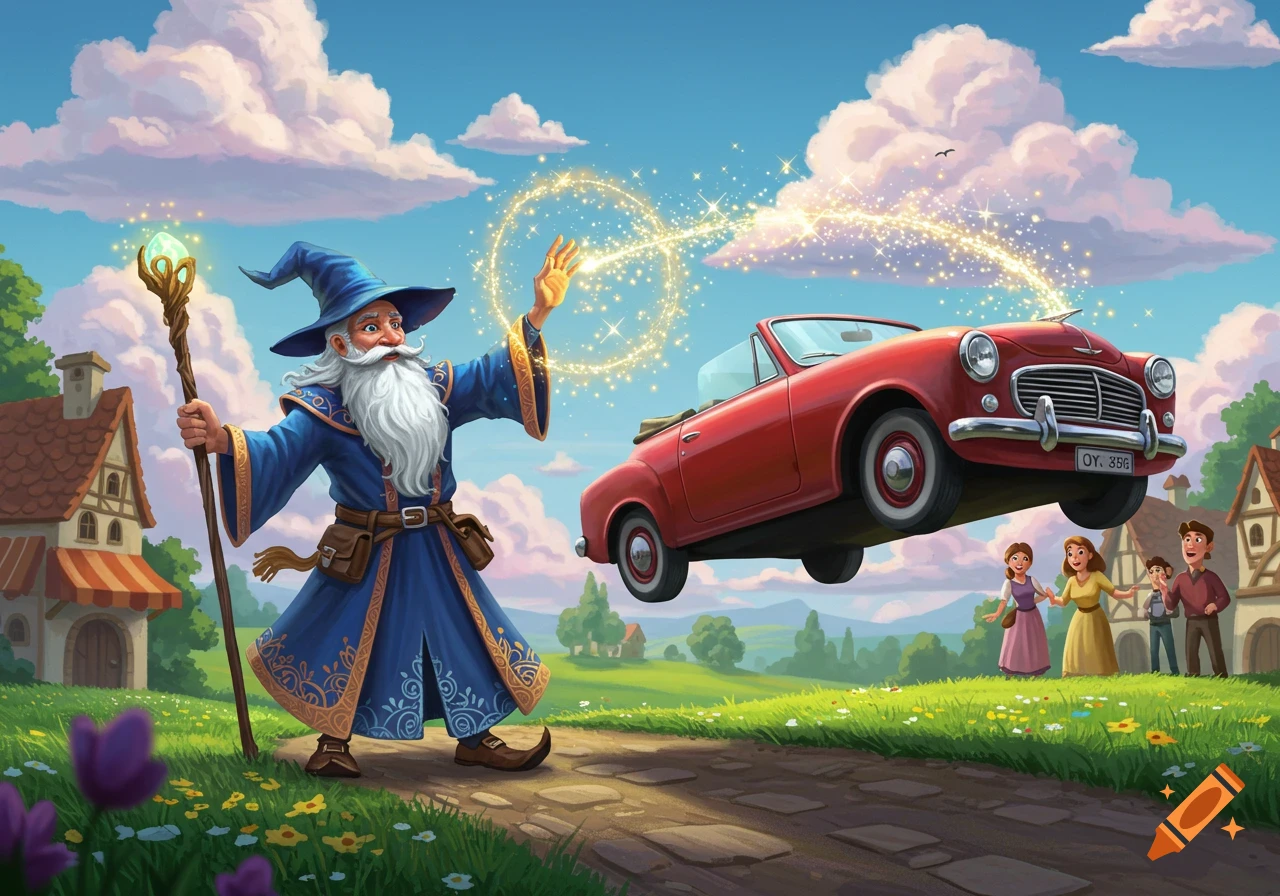 A wizard uses magic to make a red convertible car float in the air over ...