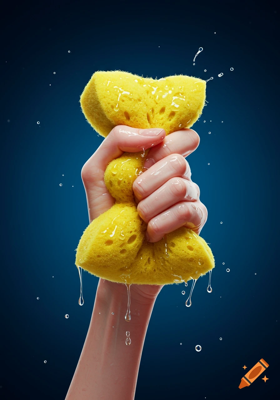 Hand squeezing a wet sponge with water dripping. on Craiyon