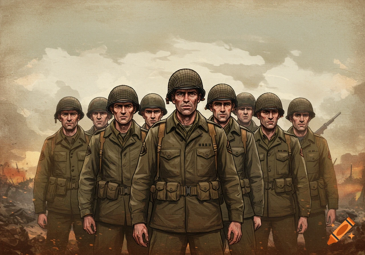 Vintage drawing of multiple US World War 2 soldiers standing together ...