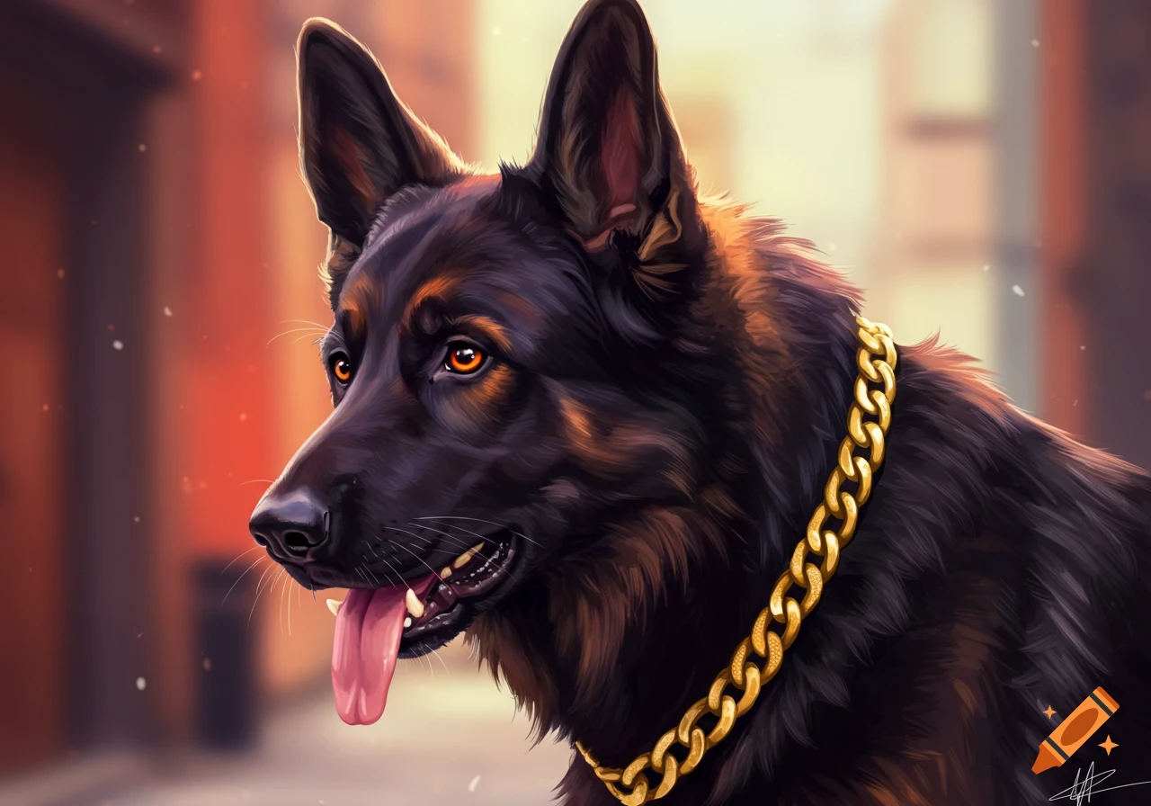 Illustrated close-up of a German Shepherd dog wearing a thick gold chain. on Craiyon