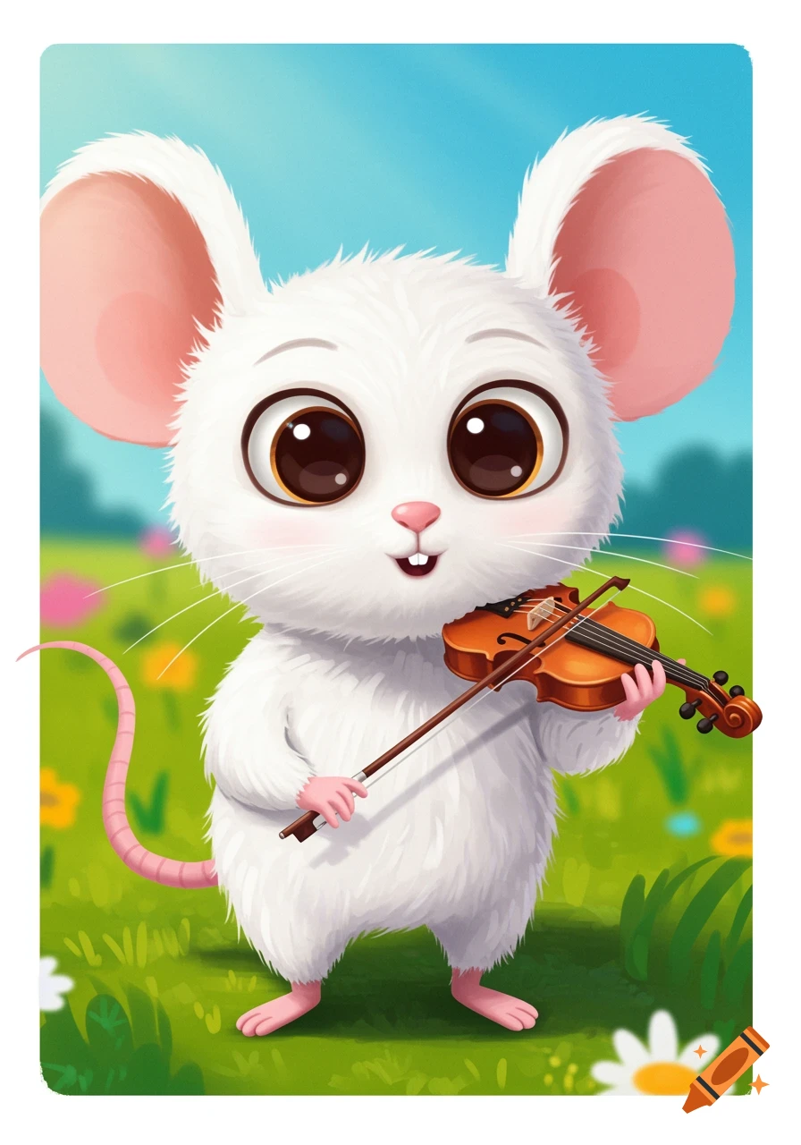 A cute animated white mouse plays a violin in a grassy field. on Craiyon