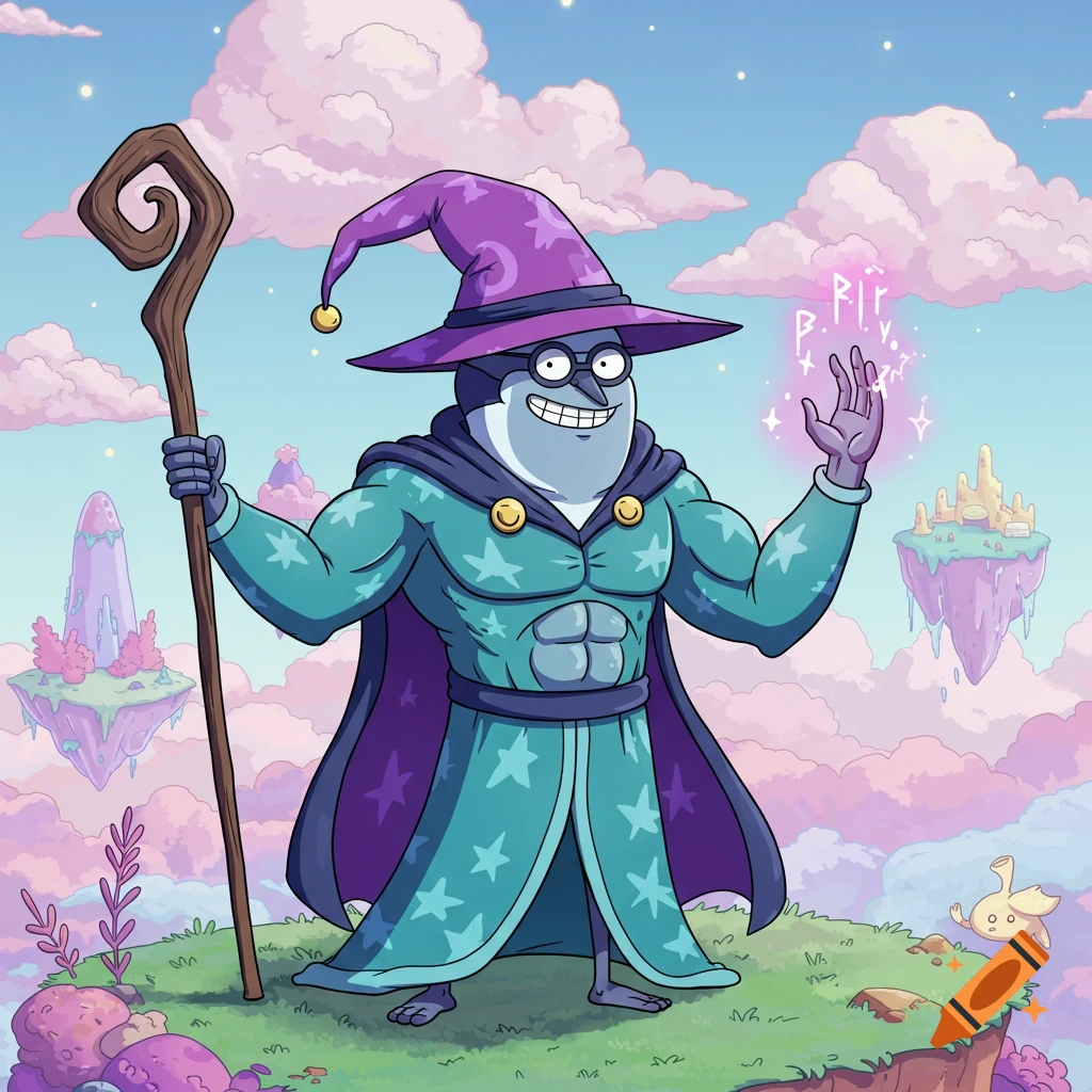 Cartoon wizard with muscles holds staff, casts magic in fantasy land on ...