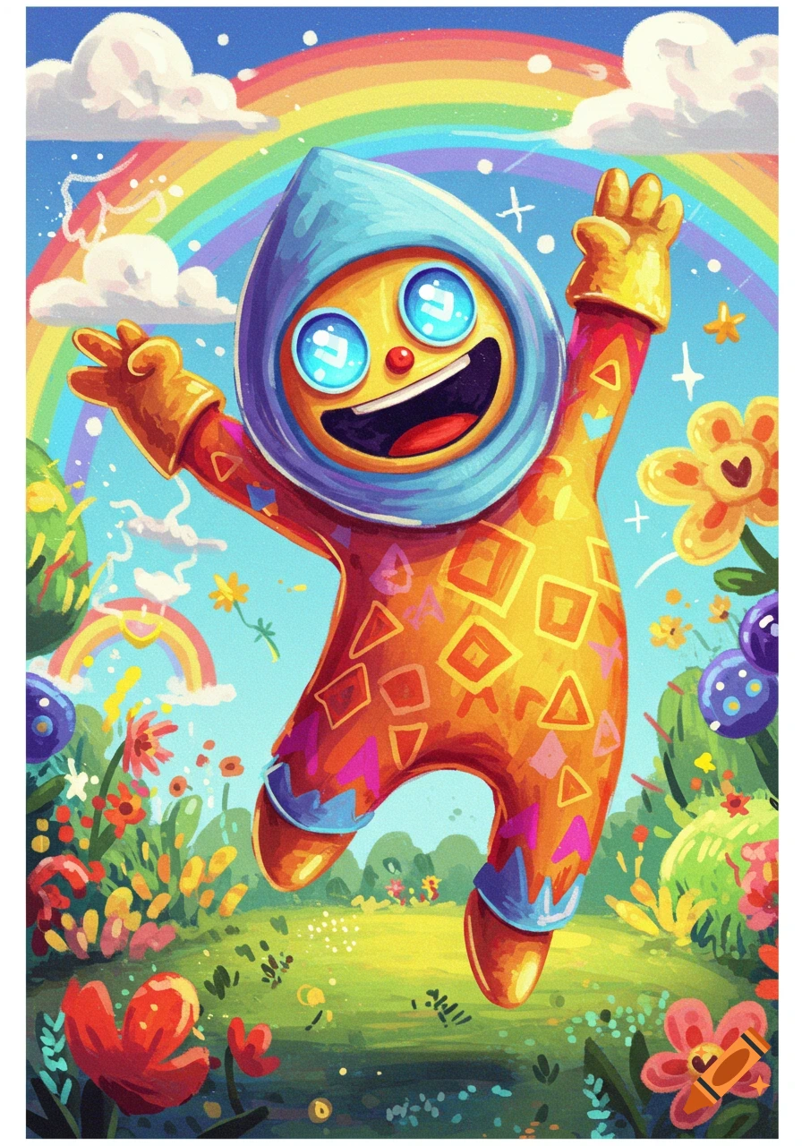 A happy, brightly colored cartoon character jumps in a field of flowers ...