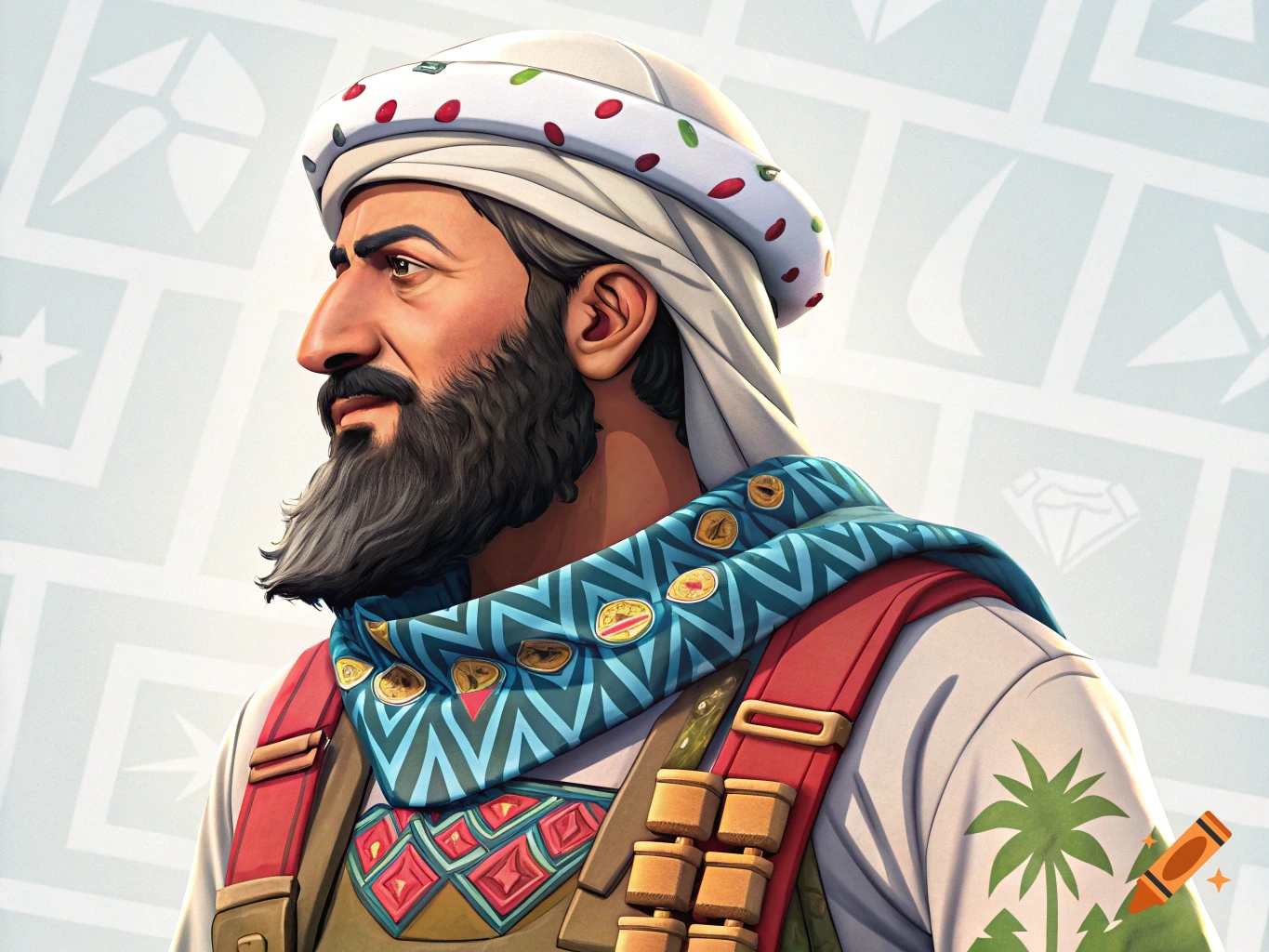 Stylized portrait of a man in a turban and tactical gear, in a video ...