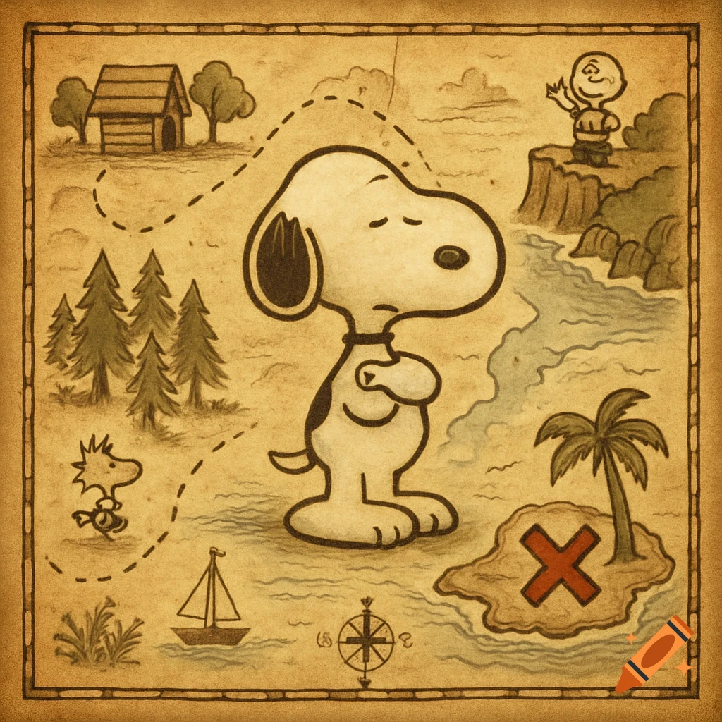 Snoopy on a vintage-style treasure map with Charlie Brown and landmarks ...
