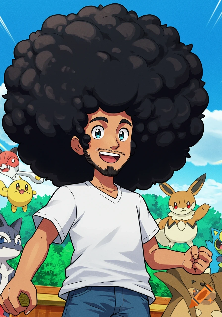 Cartoon man with large afro and beard surrounded by various Pokemon ...