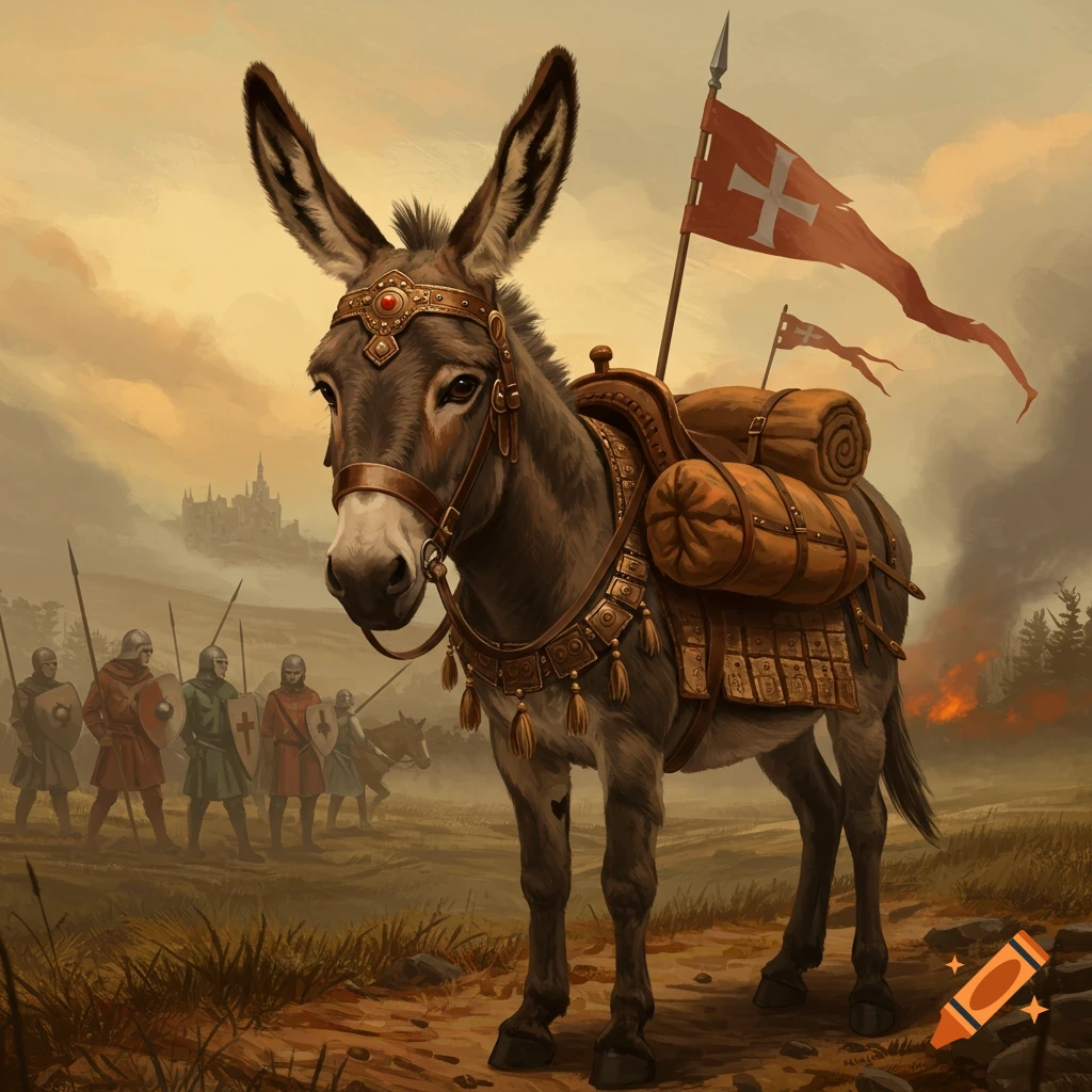 A donkey in medieval war gear stands in a field with soldiers and a ...