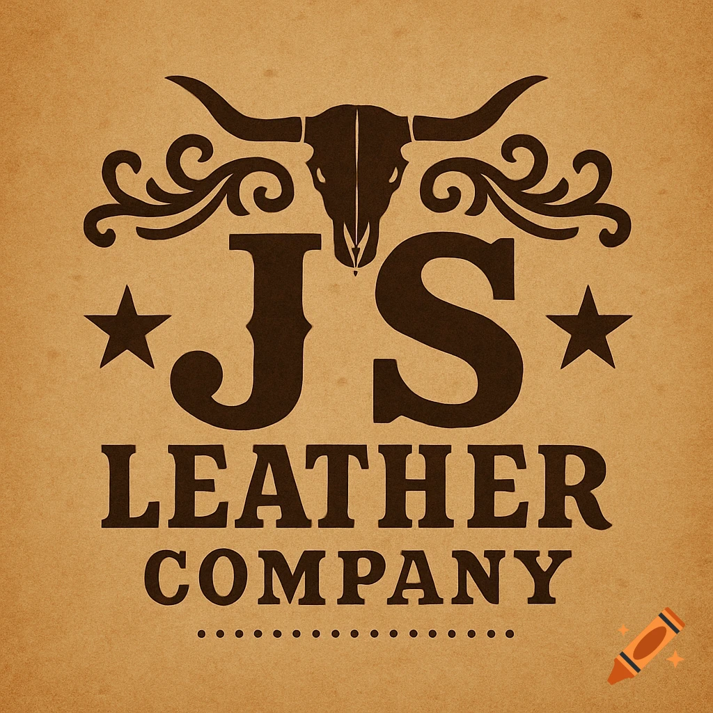 Vintage logo for JS Leather Company with bull skull, stars, and Western design on brown texture ...
