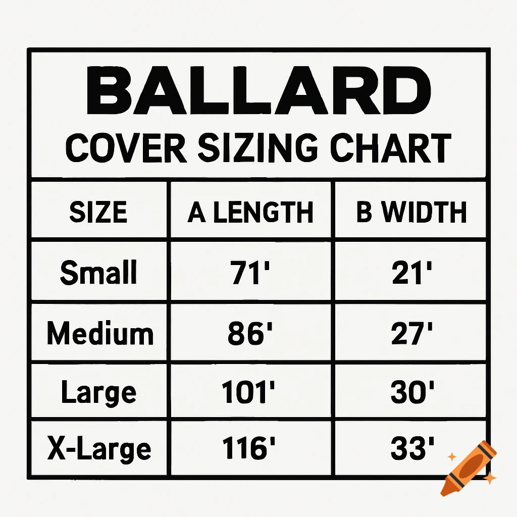 A sizing chart titled BALLARD COVER SIZING CHART with columns for size ...