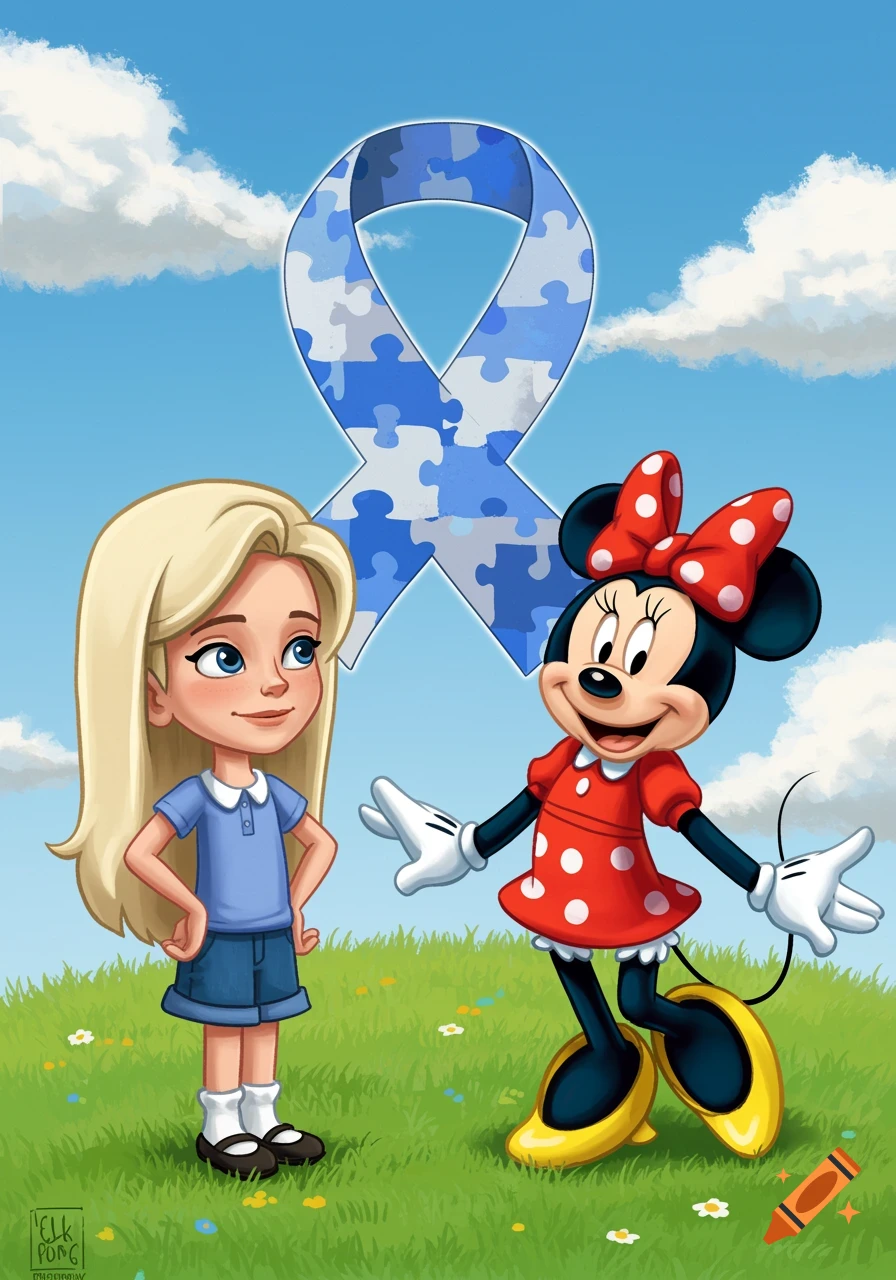 Cartoon girl and Minnie Mouse stand in a field under an autism puzzle ...