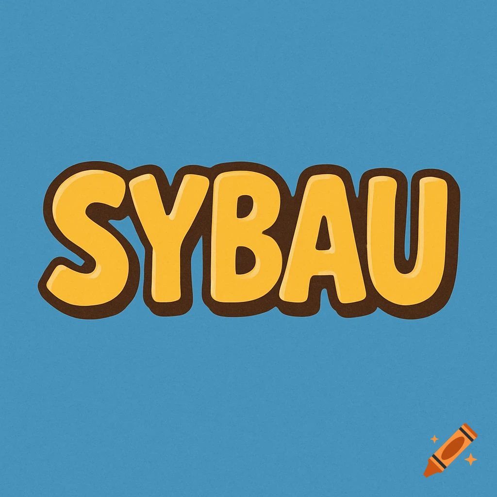 Cartoon letters spelling SYBAU in yellow with brown outline on blue ...