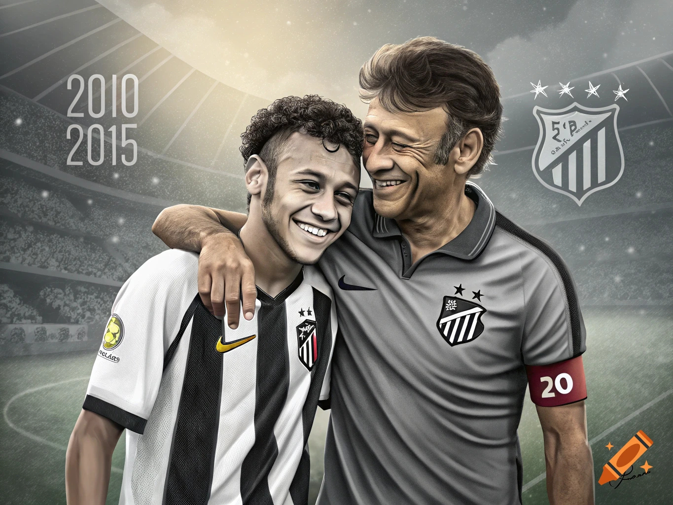 Two men, a younger soccer player and an older coach, hug and smile in a ...