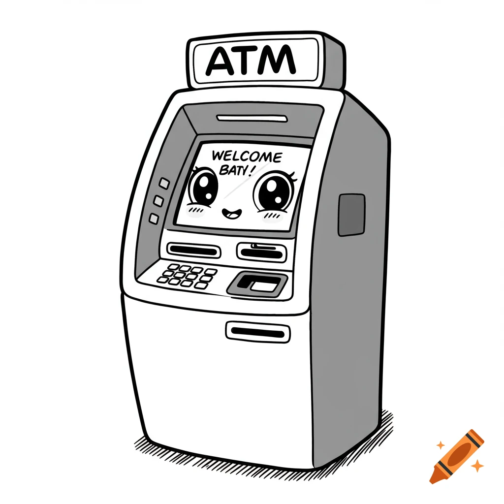 Black and white cartoon ATM machine with a cute face saying 'WELCOME BATY!' on the screen on Craiyon