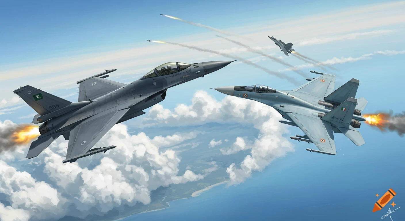Illustration of a Pakistani and an Indian fighter jet in aerial combat ...