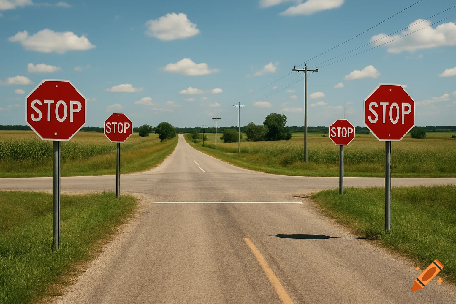 A country road intersection with stop signs under a blue sky. on Craiyon