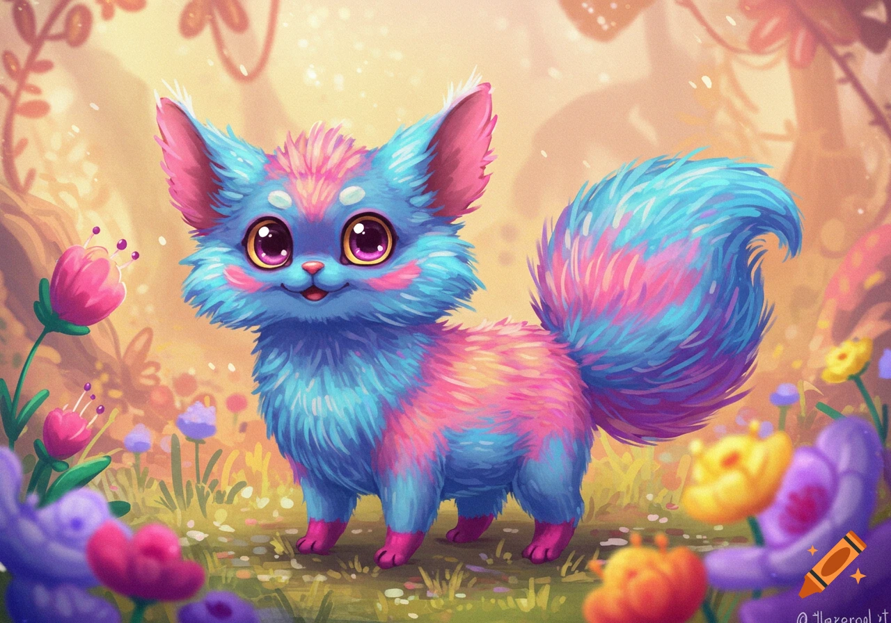 A cute fluffy fantasy creature with blue and pink fur stands among ...