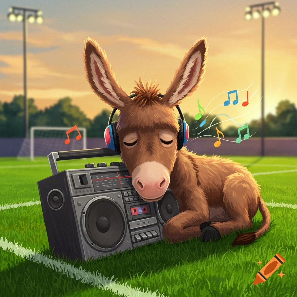 A cartoon donkey sleeps next to a boombox on a soccer field, listening ...