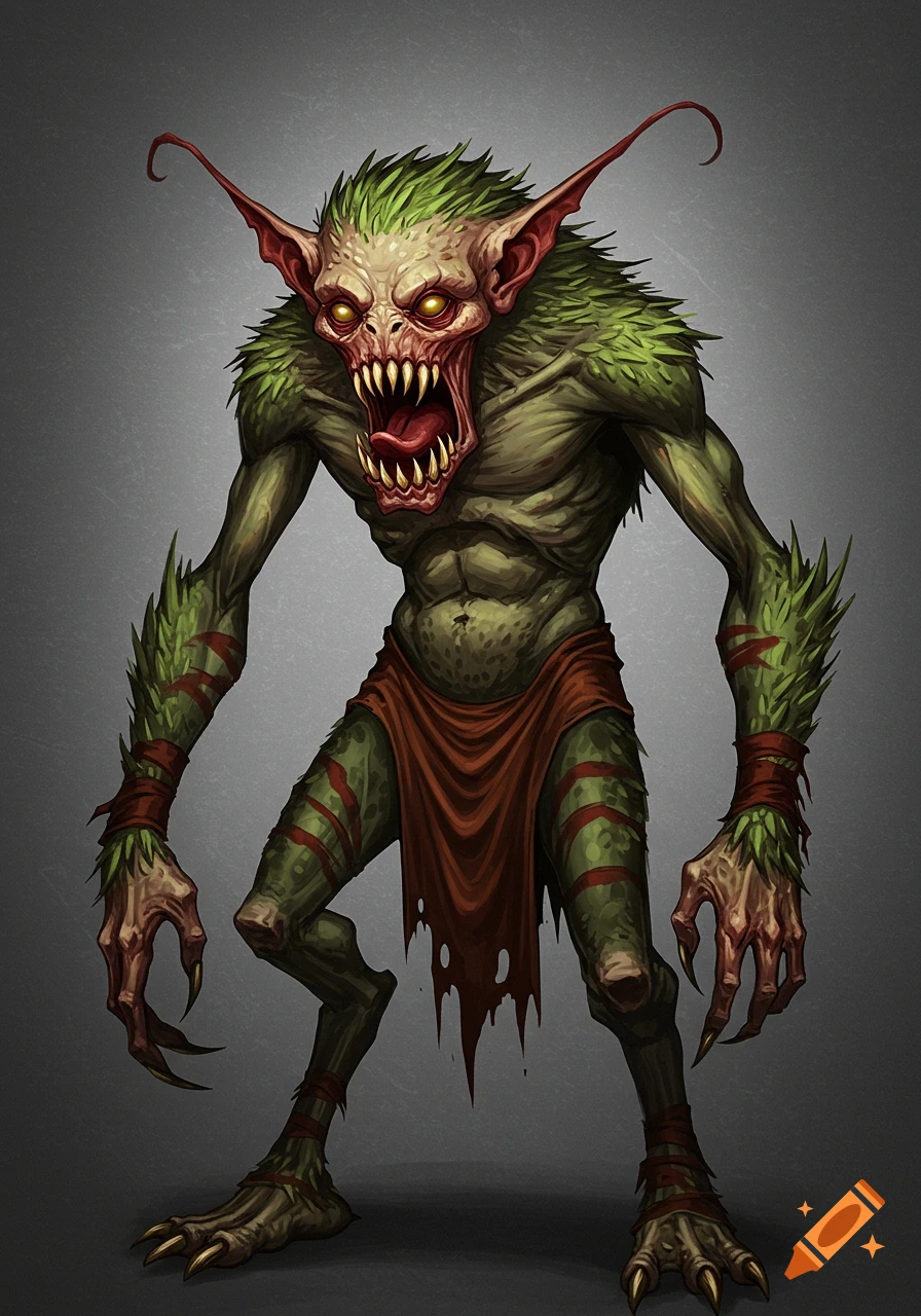 A grotesque green monster with sharp teeth, claws, and a ripped cloth ...