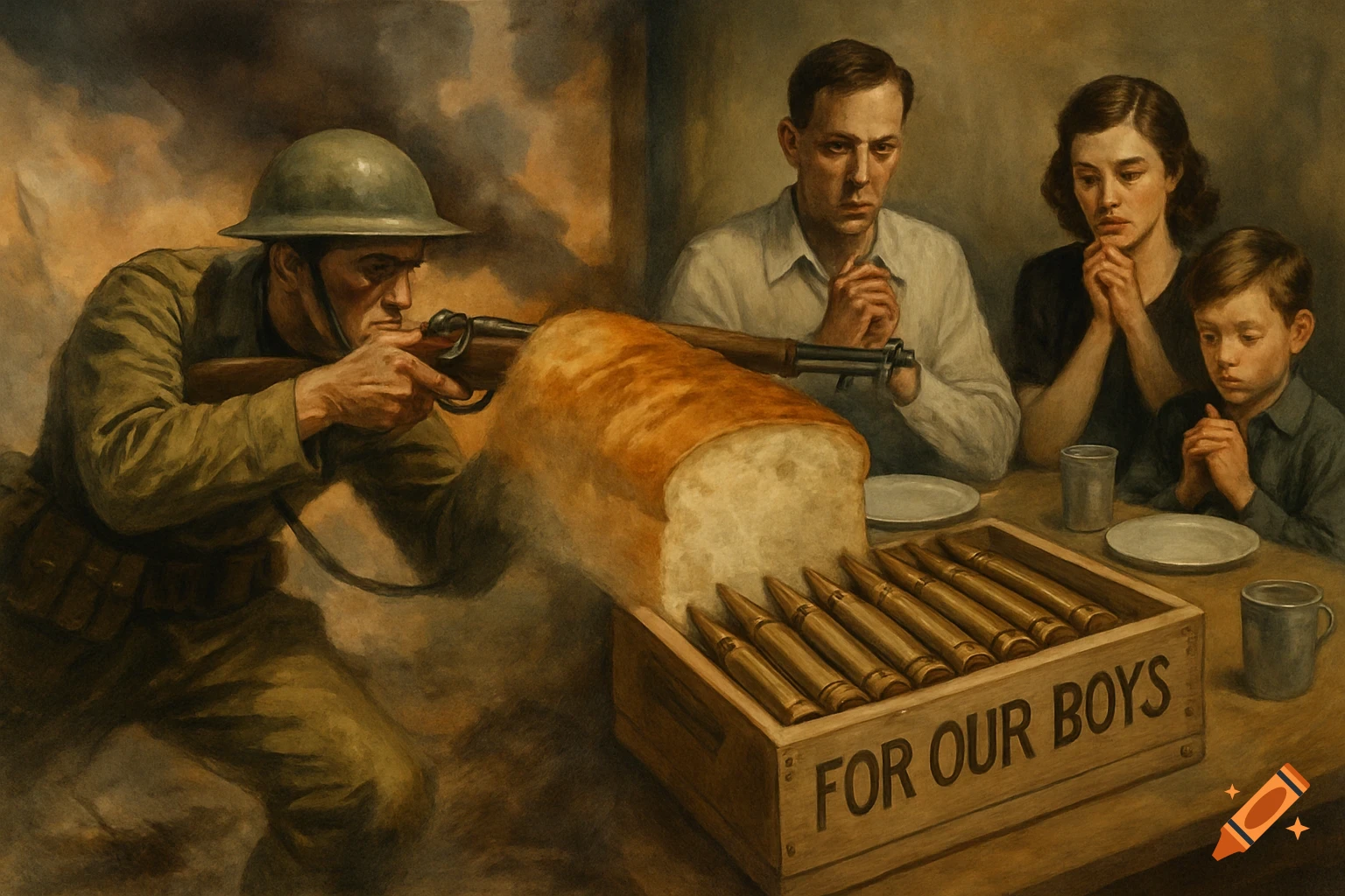 Painting of a soldier aiming rifle near bread, a family praying, and a ...