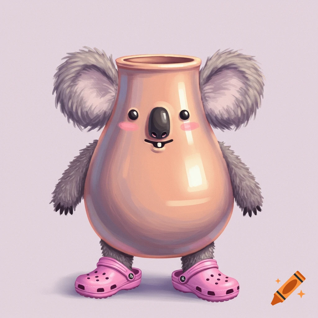 Cartoon koala character made from a vase, wearing pink Crocs. on Craiyon