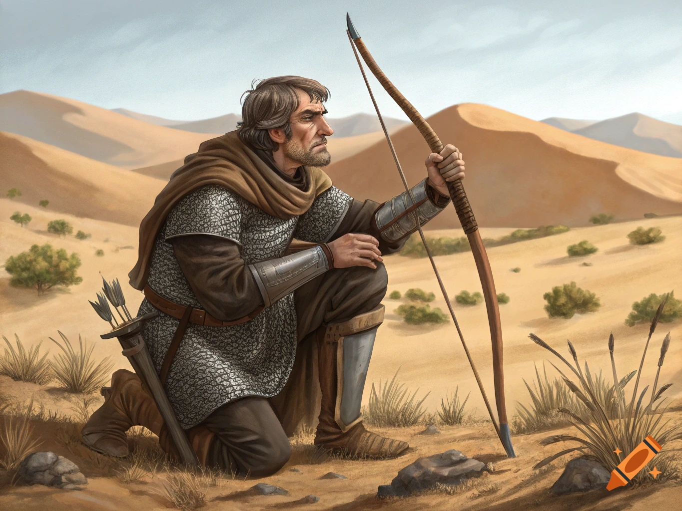 A man in scale mail armor kneels in a desert, holding a longbow. on Craiyon