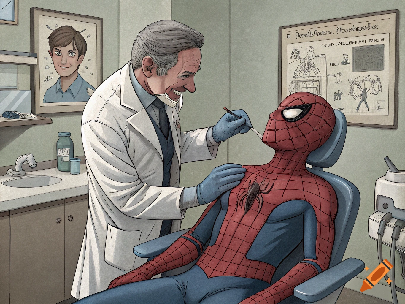 Illustration of Spider-Man sitting in a dental chair while a dentist ...
