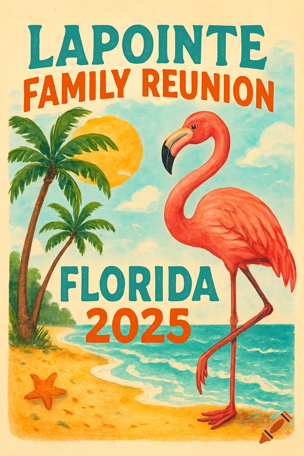 Retro poster for a family reunion in Florida with text, a flamingo ...