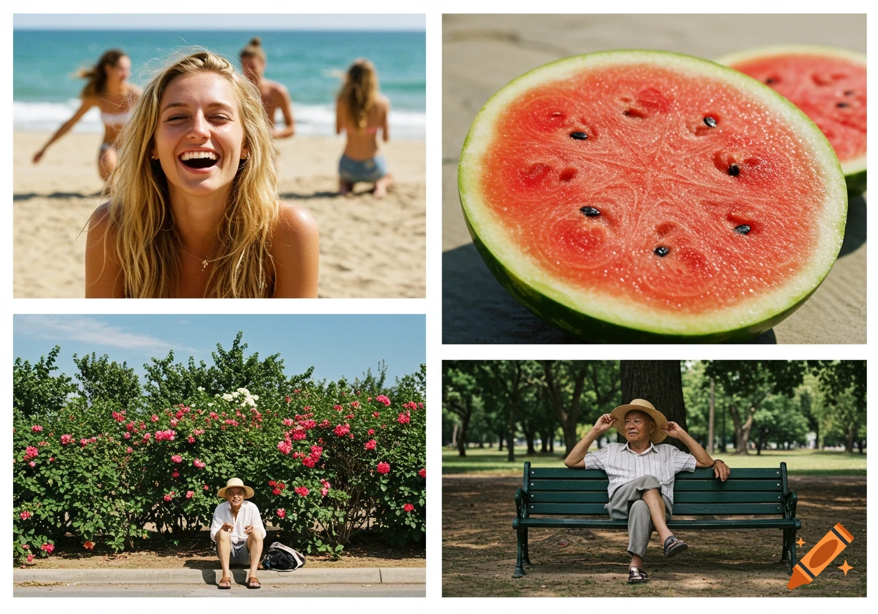 A collage of summer photos including people at the beach, a sliced ...