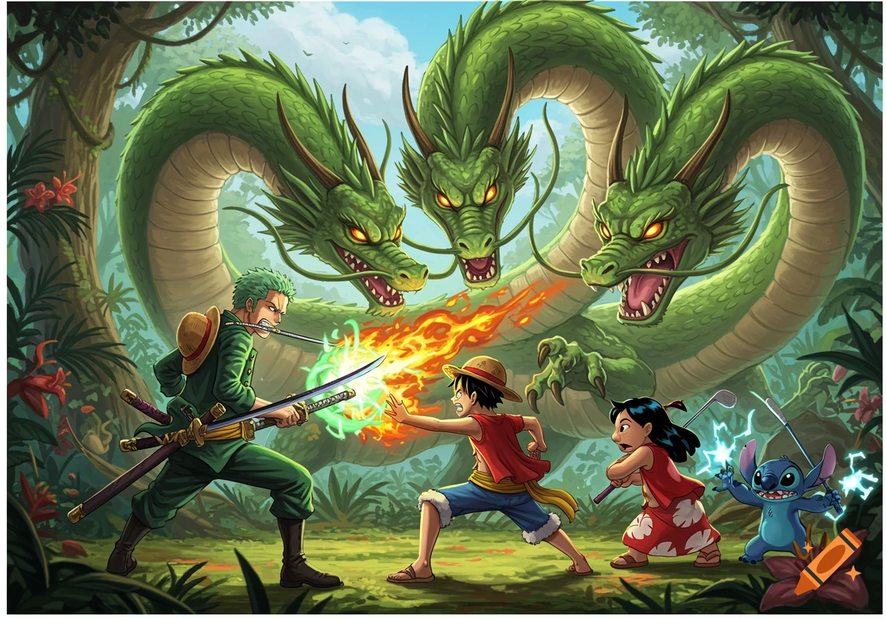 Luffy, Zoro, Lilo, and Stitch fight a three-headed green dragon in a ...