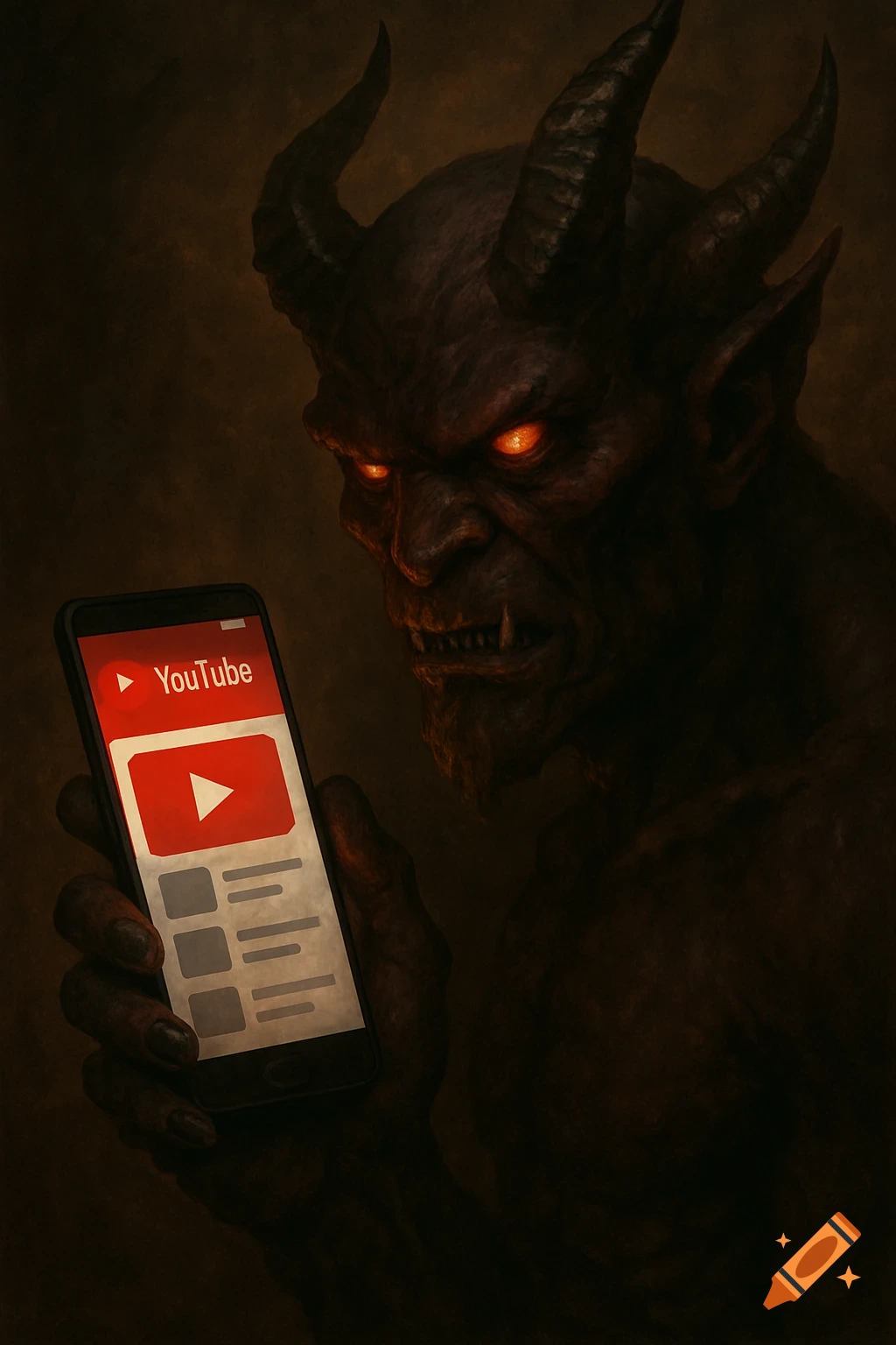 Dark fantasy illustration of a demon holding a smartphone displaying ...