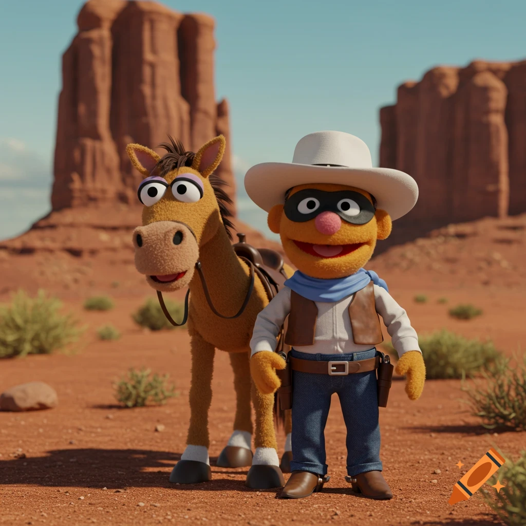 A Muppet-like character in a cowboy hat and mask stands next to a ...