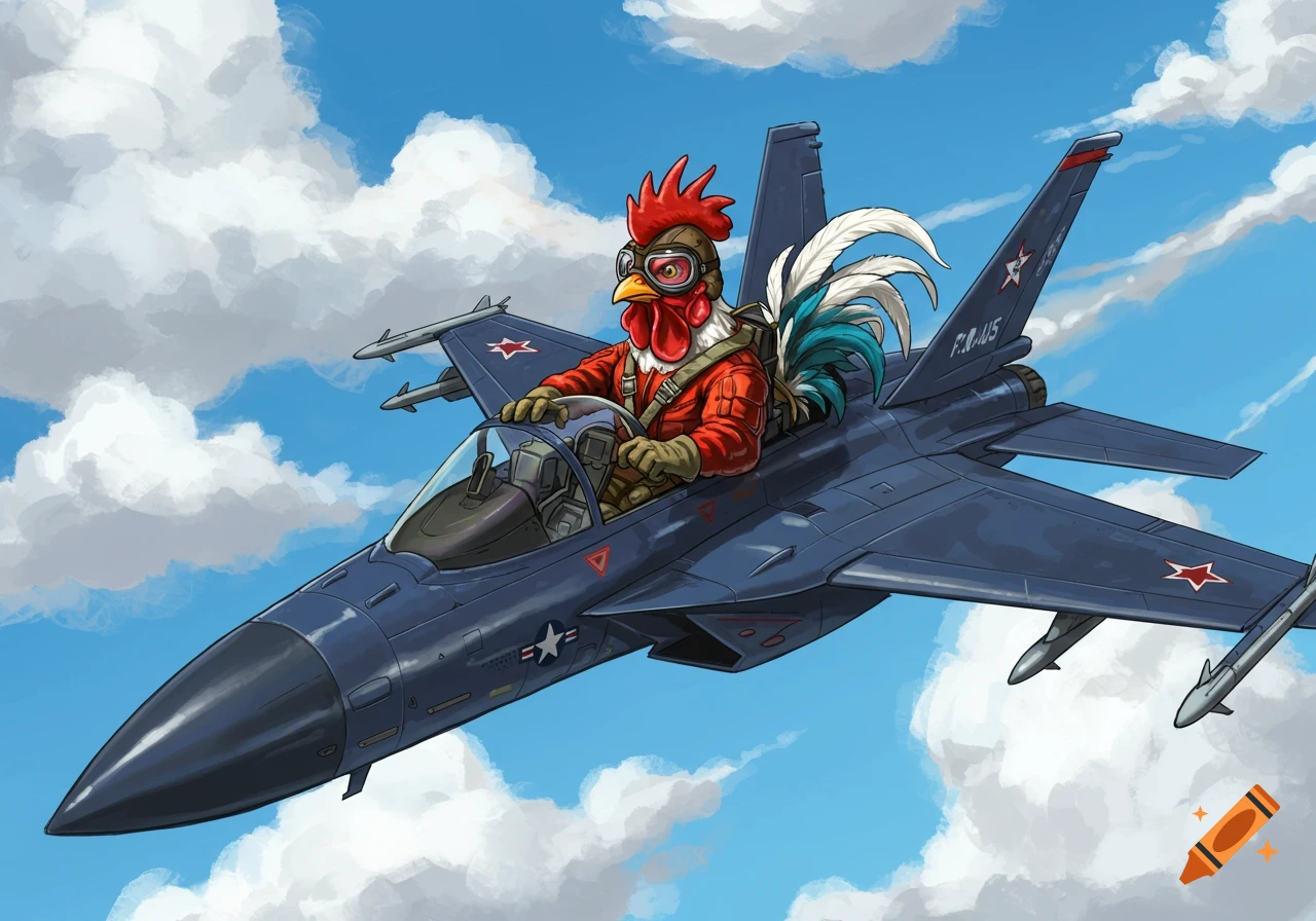 Cartoon rooster piloting a fighter jet through the clouds. on Craiyon