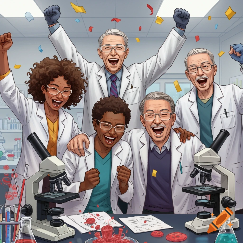 Illustrated team of diverse scientists celebrating success in a lab. on ...