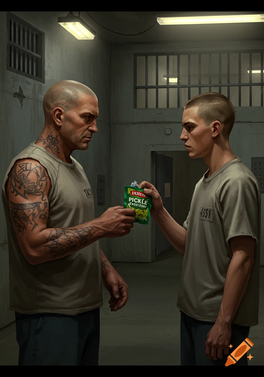 Realistic illustration of two inmates in a prison trading a snack pouch ...