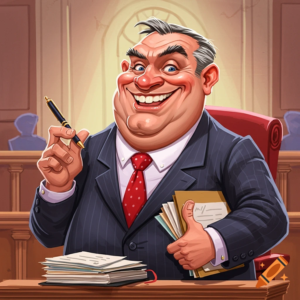 Cartoon of a funny prosecutor smiling at a desk in a courtroom. on Craiyon